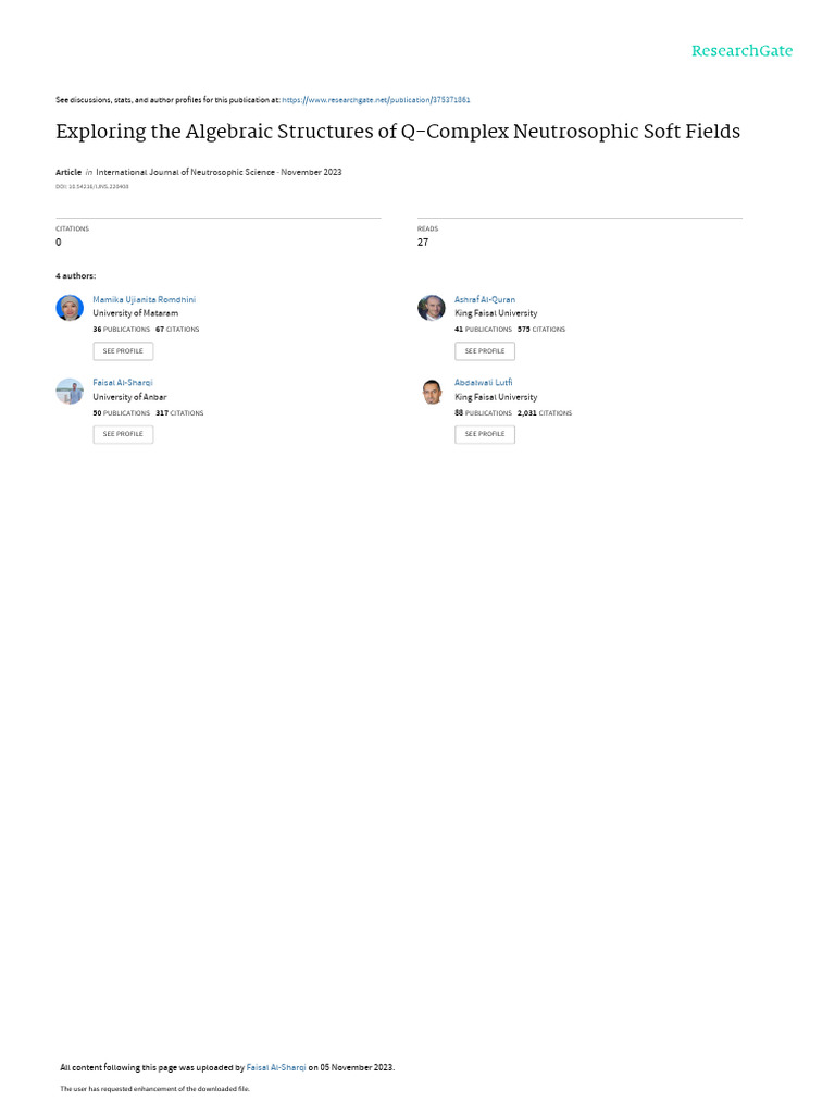Exploring The Algebraic Structures of Q-Complex Neutrosophic Soft Fields | PDF | Field ...