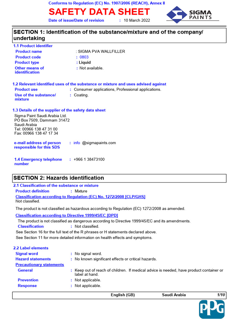 0803 Sigma Pva Wallfiller en 1 | PDF | Waste | Occupational Safety And ...