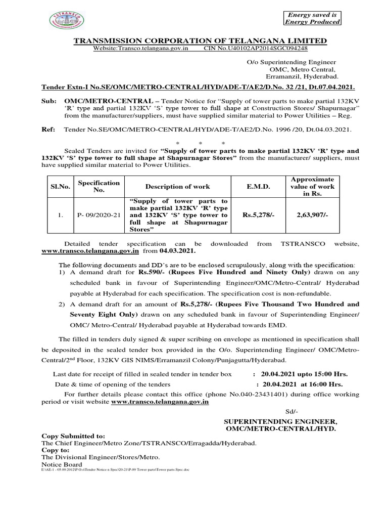 Telangana Tender for 132KV Tower Parts | PDF | Structural Steel | Specification (Technical Standard)