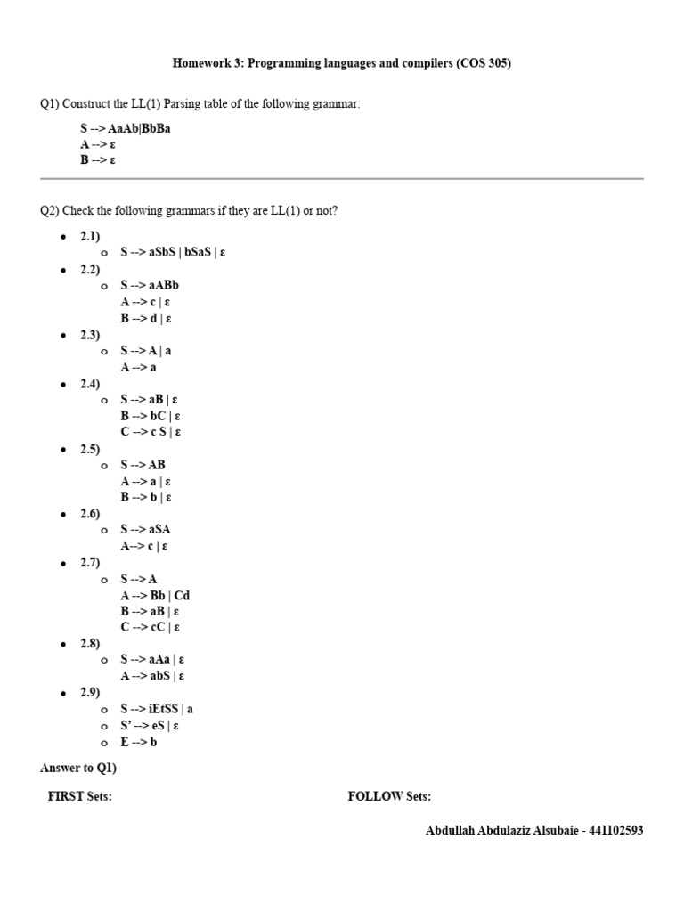 Q1) Construct The LL (1) Parsing Table of The Following Grammar ...