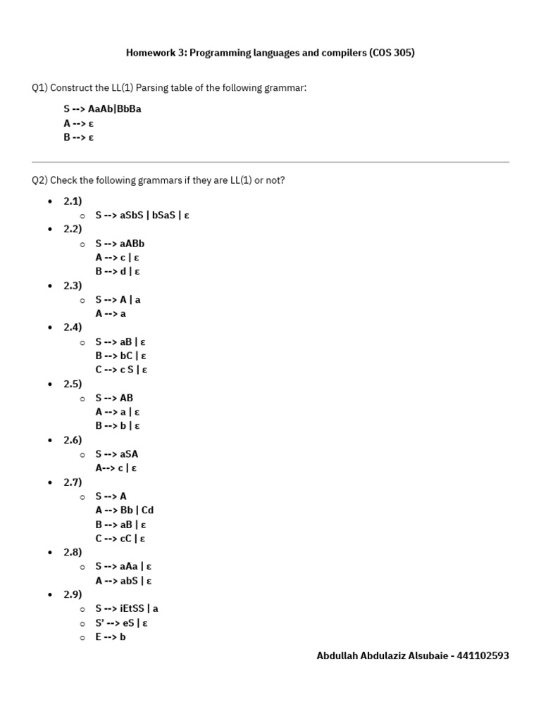 Q1) Construct The LL (1) Parsing Table of The Following Grammar | PDF | Parsing | Language Mechanics