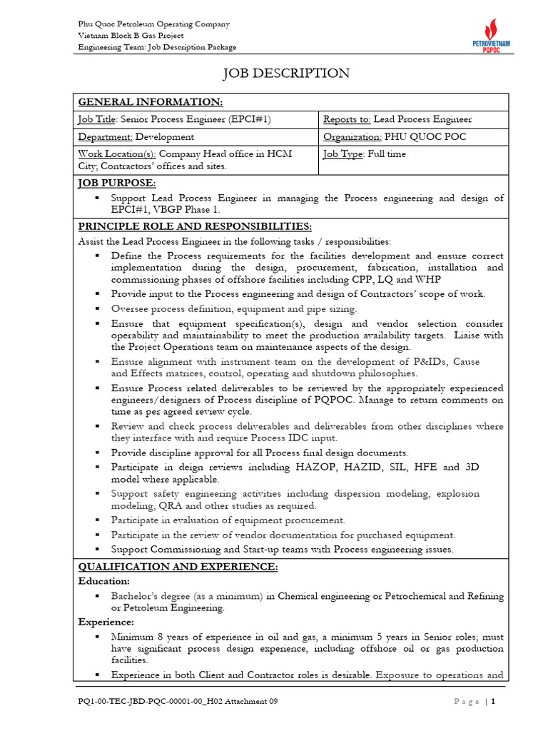 Senior Process Engineer Job Description | PDF | Process Engineering ...