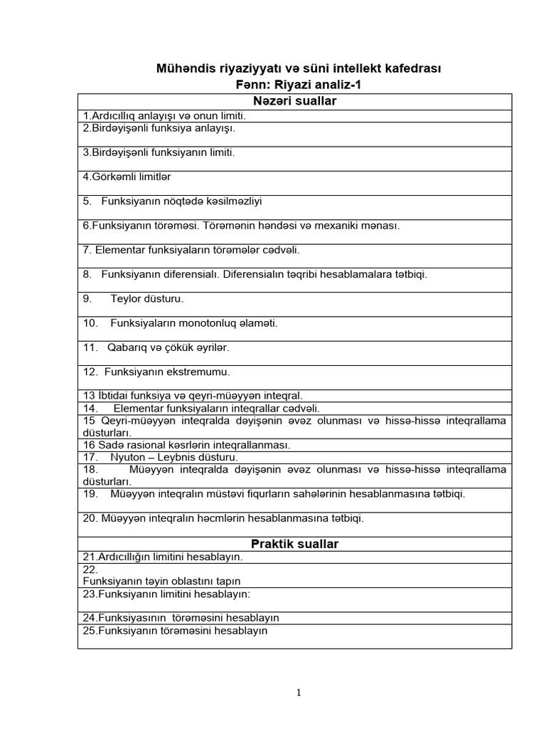 Riyazi Analiz-1 Imtahan Suallari K | PDF