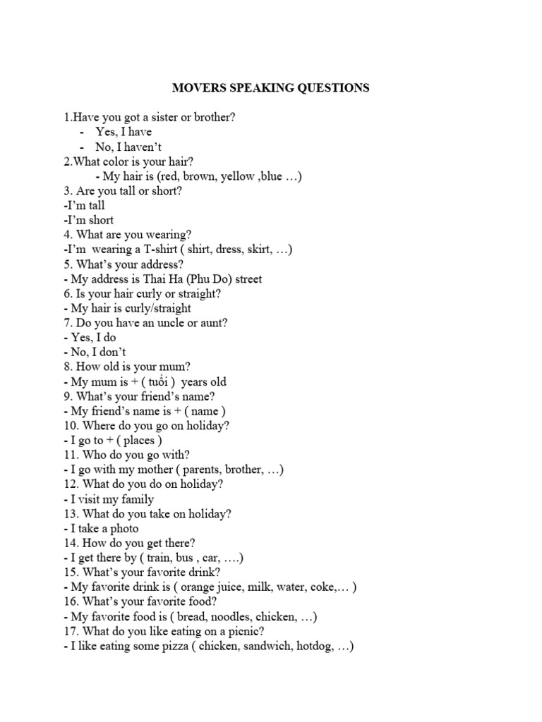 MOVERS SPEAKING QUESTIONS | PDF | Pet