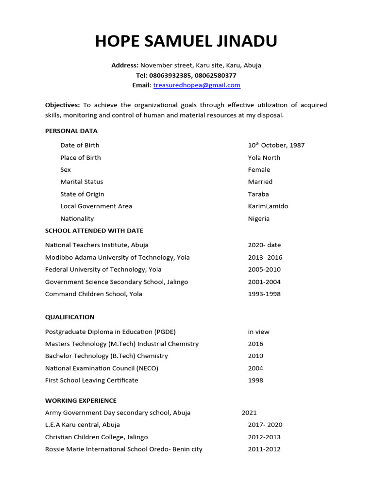 Hope Samuel Jinadu Cv-1 | Download Free PDF | Educational Stages