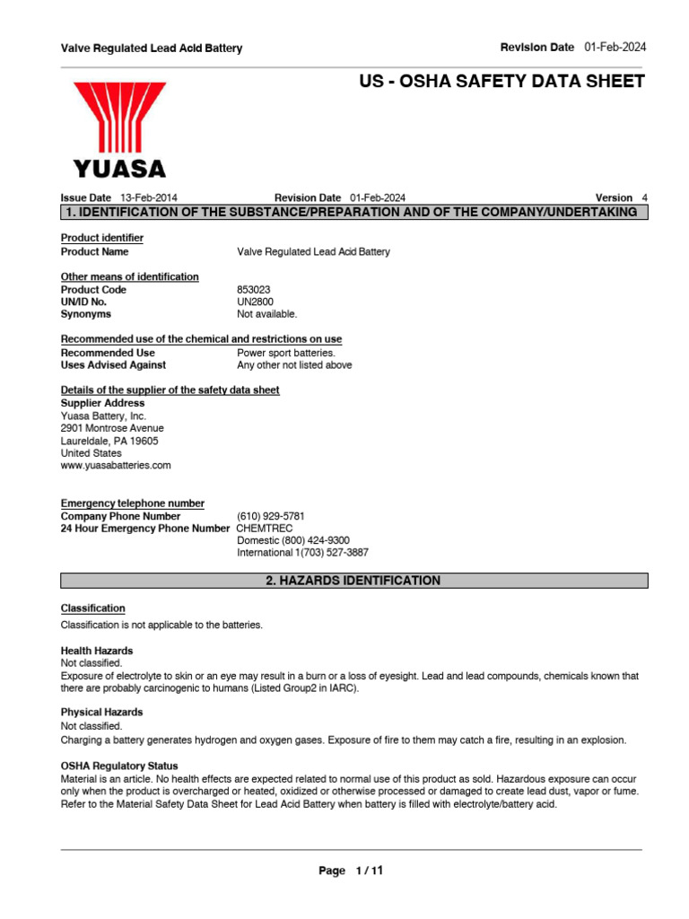 Yuasa NPL65-12I Industrial VRLA Battery MSDS | PDF | Lead | Magnesium