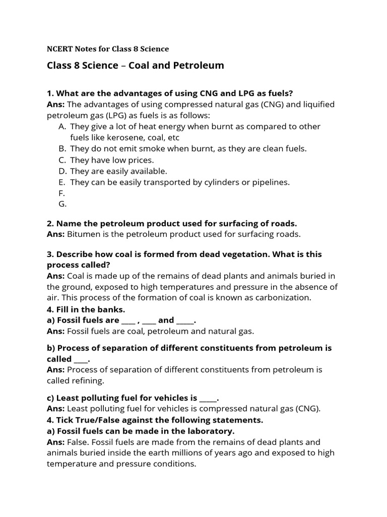 Class 8 Science Chapter Coal and Petroleum | PDF | Fuels | Petroleum
