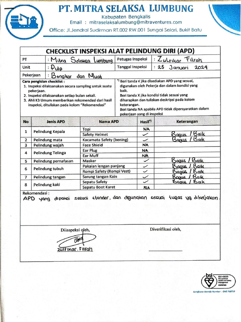 CHECKLIST INSPEKSI APD ( JANUARI ) | PDF