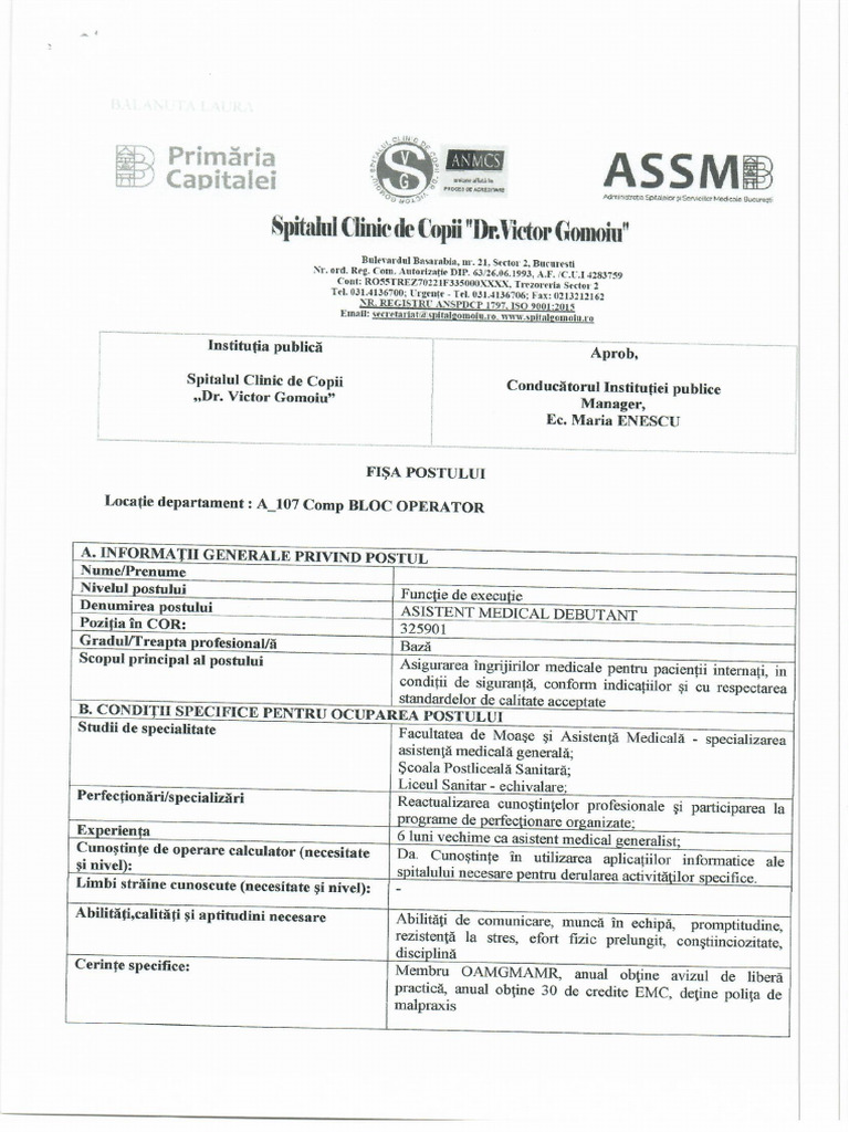 Fisa de Post Asistent Medical Gen Debutant Bloc Operator | PDF
