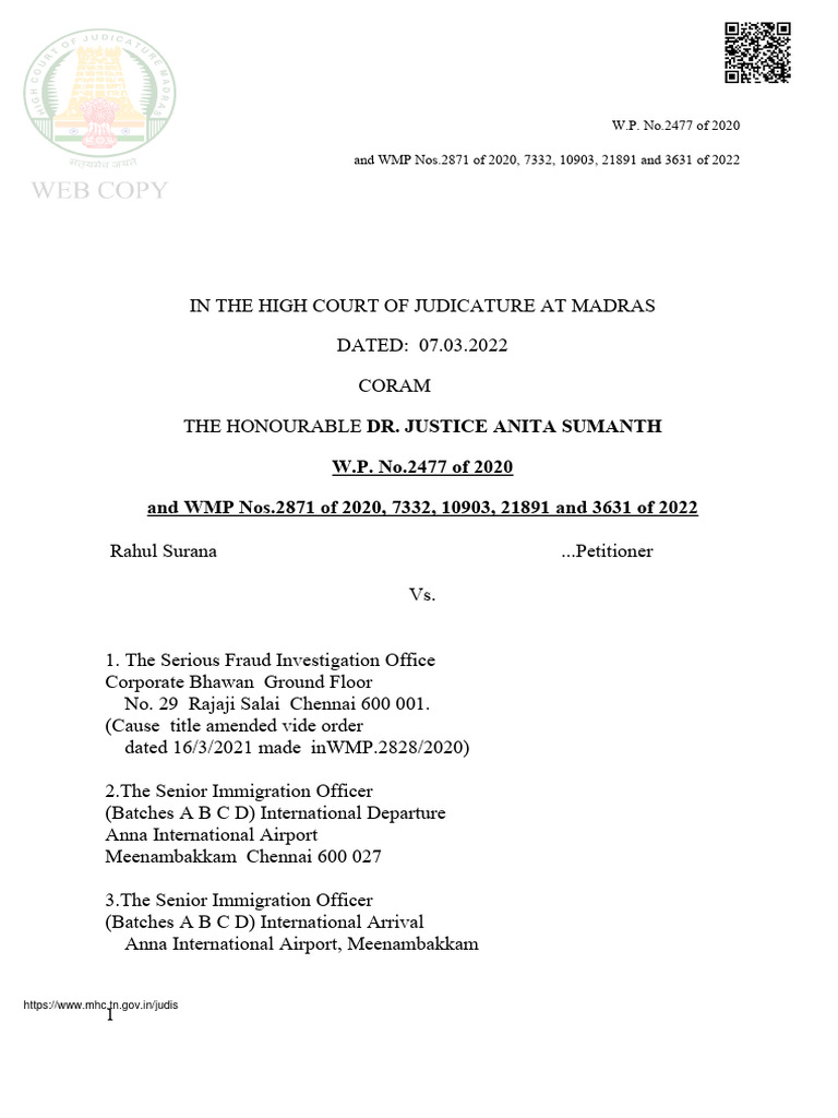 Rahul Surana V The Serious Fraud Investigation Office Ors 412433 | PDF ...