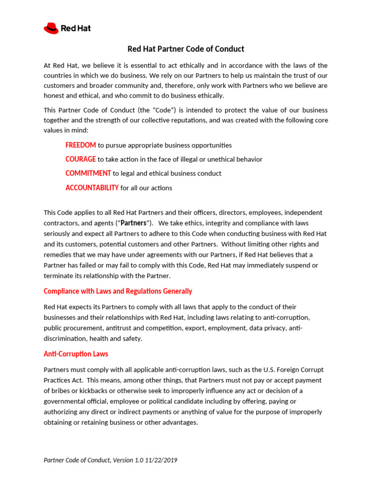 Red Hat Partner Code of Conduct | PDF | Bribery | Insider Trading