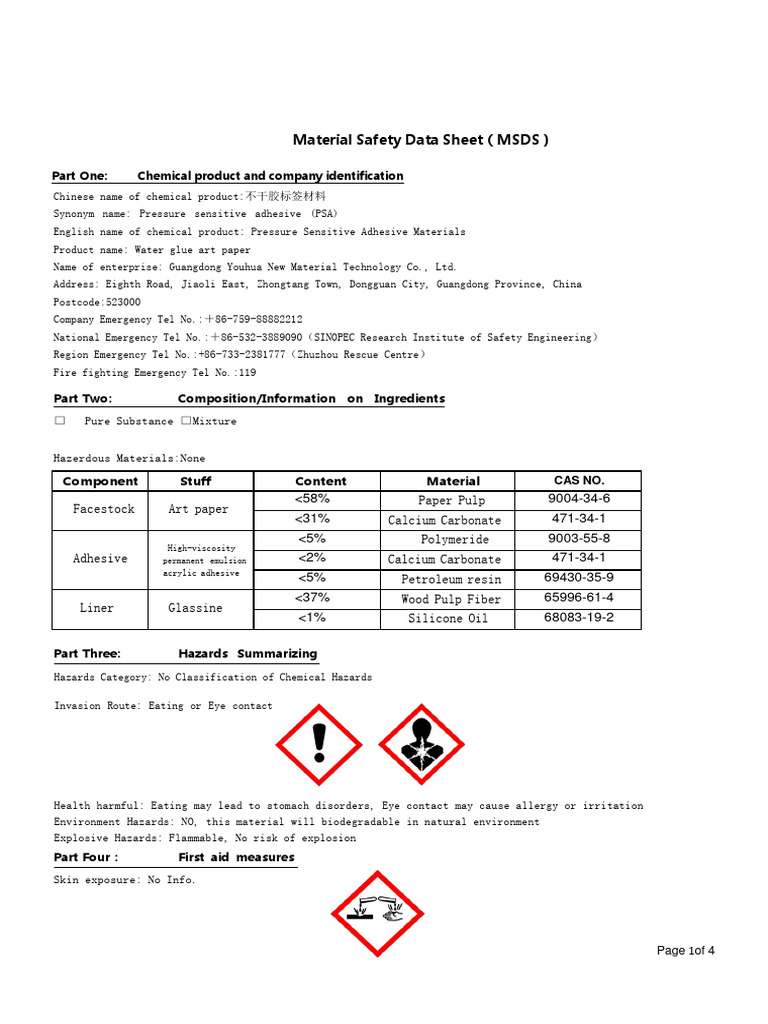 MSDS Art paper and adhesive ( GHS ) backup | PDF | Chemical Substances | Safety