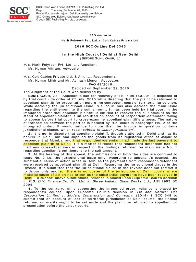 Harit Polytech Pvt. Ltd. v. Colt Cables Private LTD., 2016 SCC OnLine ...