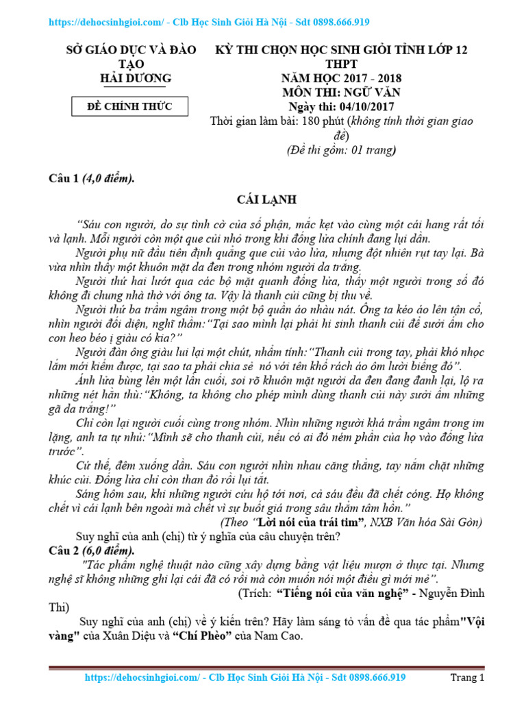 20 de Thi HSG Ngu Van 12 Co Dap An | PDF