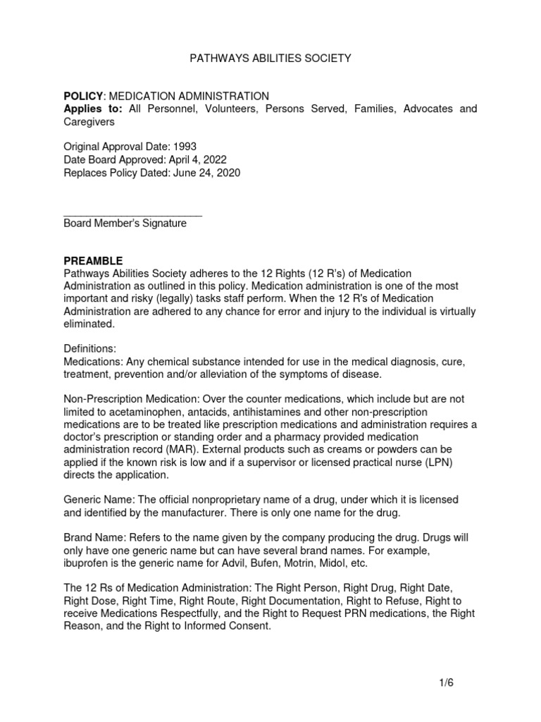 Medication Administration Policy Overview | PDF | Pharmacy | Dose ...