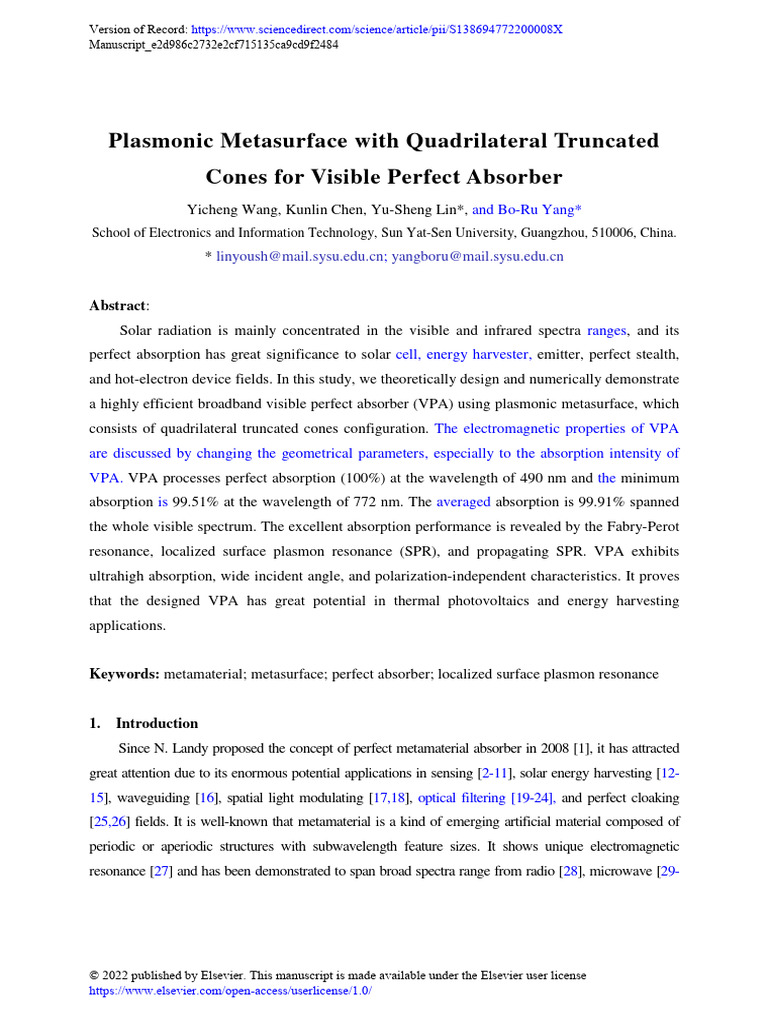 Plasmonic Metasurface With Quadrilateral Truncated Cones For Visible ...