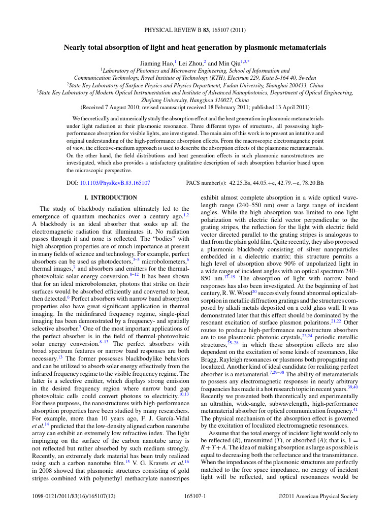 Nearly total absorption of light and heat generation by plasmonic metamaterials | PDF ...