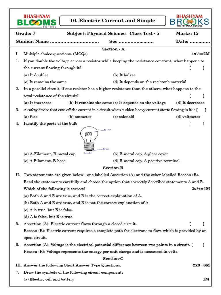 7th Grade Physical Science Test on Circuits | PDF | Voltage ...