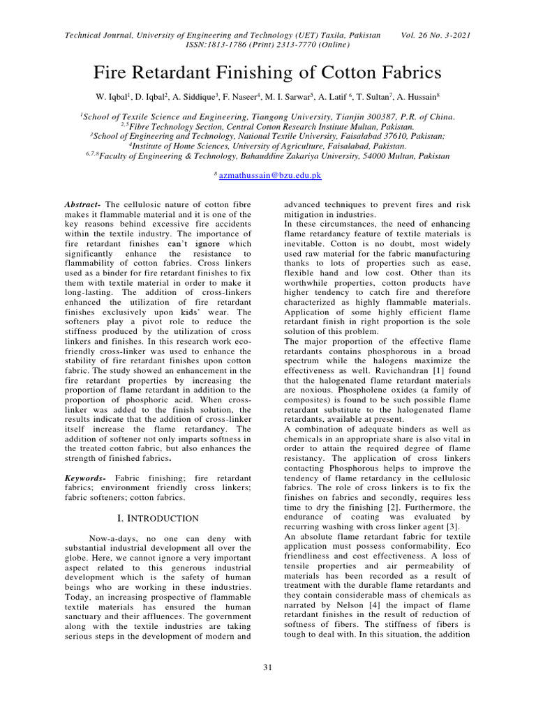 Fire Retardant Finishing of Cotton Fabri | PDF | Textiles | Fires