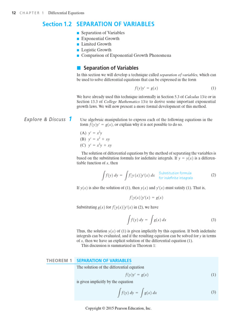 Section 1.2 - Separation of Variables | PDF | Equations | Variable (Mathematics)