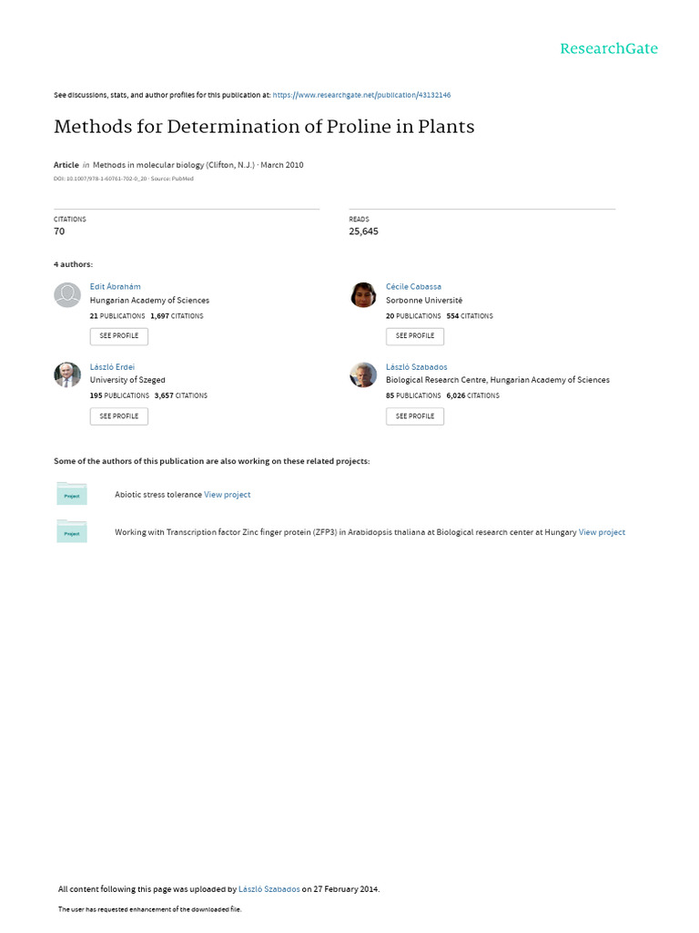 Methods For Determination of Proline in Plants | PDF | Biosynthesis ...