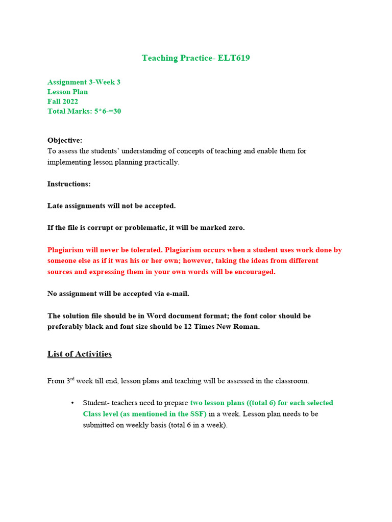 Teaching Practice-ELT619: Assignment 3-Week 3 Lesson Plan Fall 2022 Total Marks: 5 6 - 30 | PDF ...