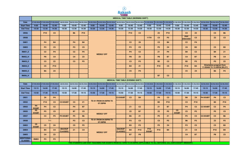 Medical - Time Table - 27.05.2024 To 02.06.2024 | PDF