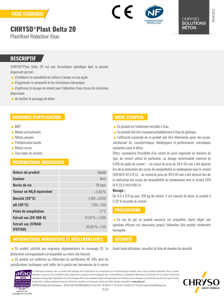 Fiche Technique Chryso Plast Delta 20 - 5348 - 19 | PDF | Béton | Ciment