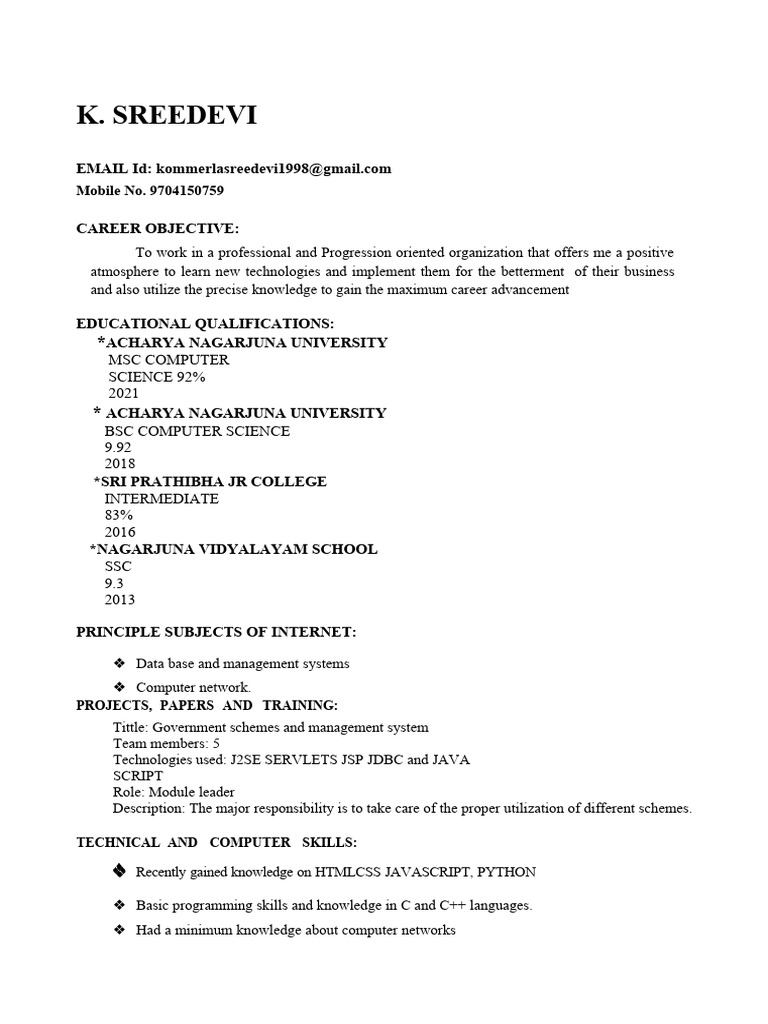 Sree Devi Resume 2 | PDF | Learning | Computing