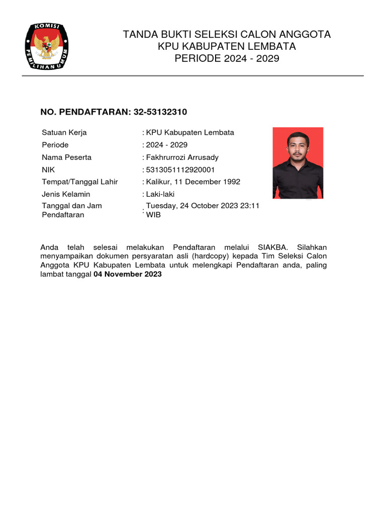 Tanda Bukti Seleksi Calon Anggota Kpu Kabupaten Lembata PERIODE 2024 - 2029 | PDF | Hukum