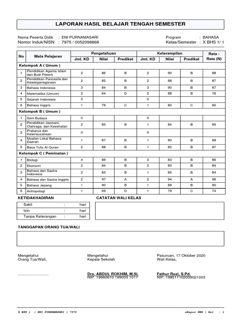 Contoh Raport Kurikulum Merdeka 4 | PDF