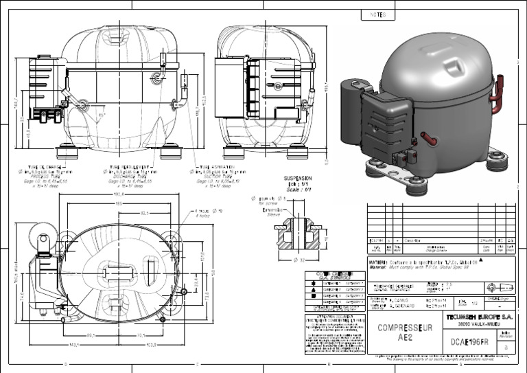Technical-Drawing-Tecumseh-Compressor-1-3HP-R134A-MHBP-AE4440Y-FZ1A | PDF