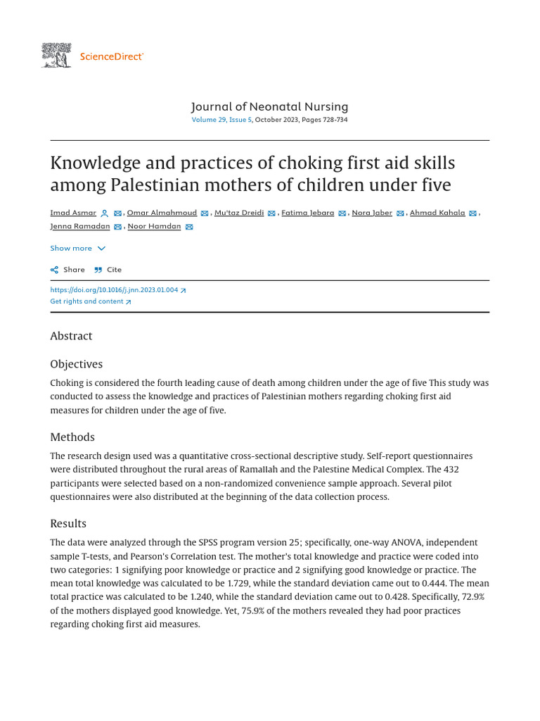 Knowledge and Practices of Choking First Aid Skills Among Palestinian ...