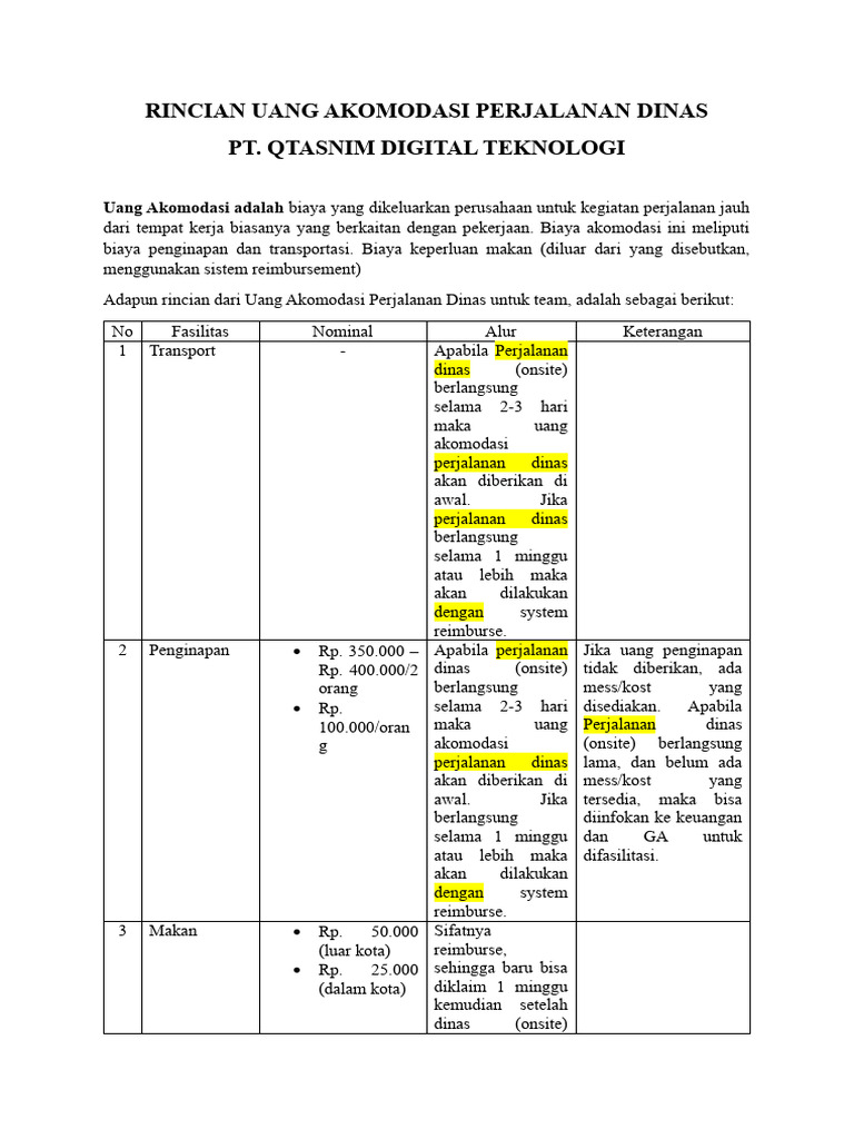 Rincian Uang Akomodasi Dinas | PDF