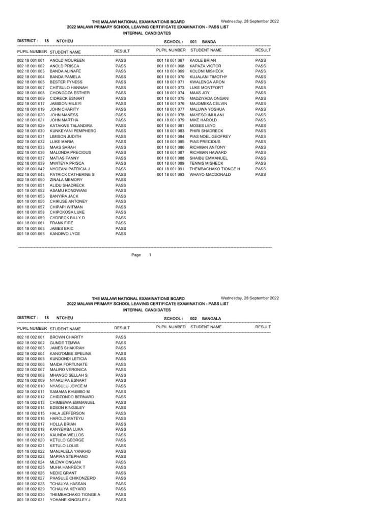 2022 Pslce Ntcheu Pass-List | PDF | Student Assessment And Evaluation ...