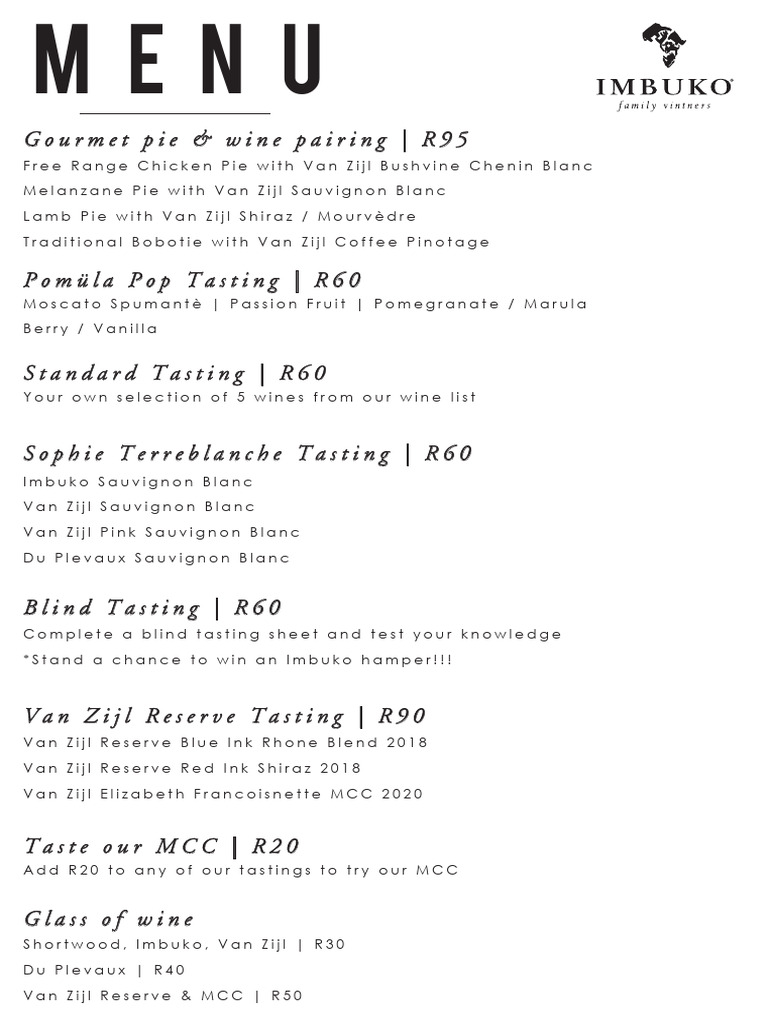 Tasting Room Menu 2022.V2 | PDF | Drink | Wine