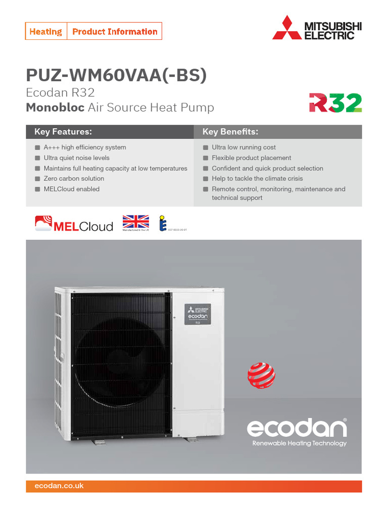 Ecodan PUZ-WM60VAA Monobloc Air Source Heat Pump Product Information Sheet1 | PDF | Heat Pump ...