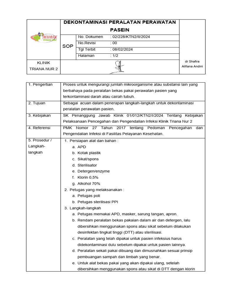 SOP Dekontaminasi Peralatan Pasien | PDF