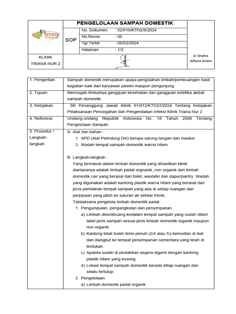 SOP Pengelolaan Sampah Domestik | PDF
