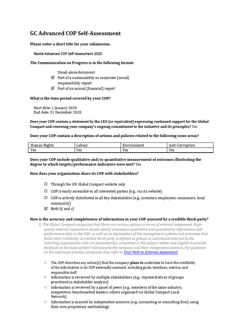 Nestle UNGC Advanced COP Selfassessment 080421 | PDF | Sustainability ...