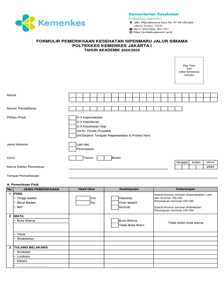 Formulir Pemeriksaan Kesehatan Jalur Simama Tahun 2024 | PDF