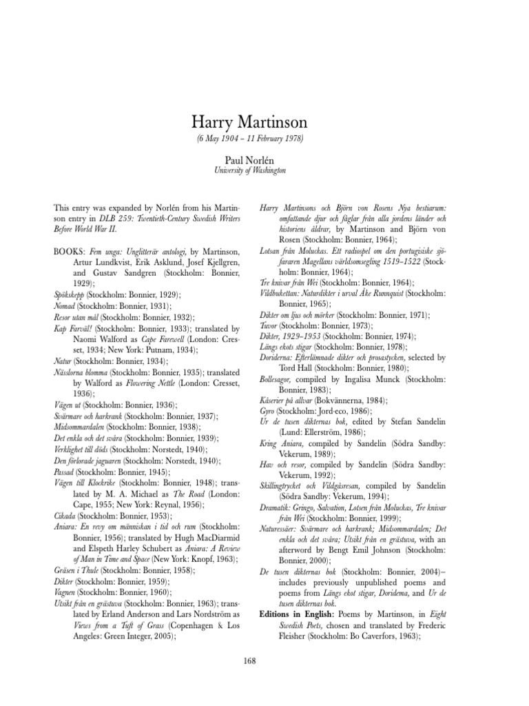 Biobibliography of Harry Martinson (From Nobel Laureates in Literature ...