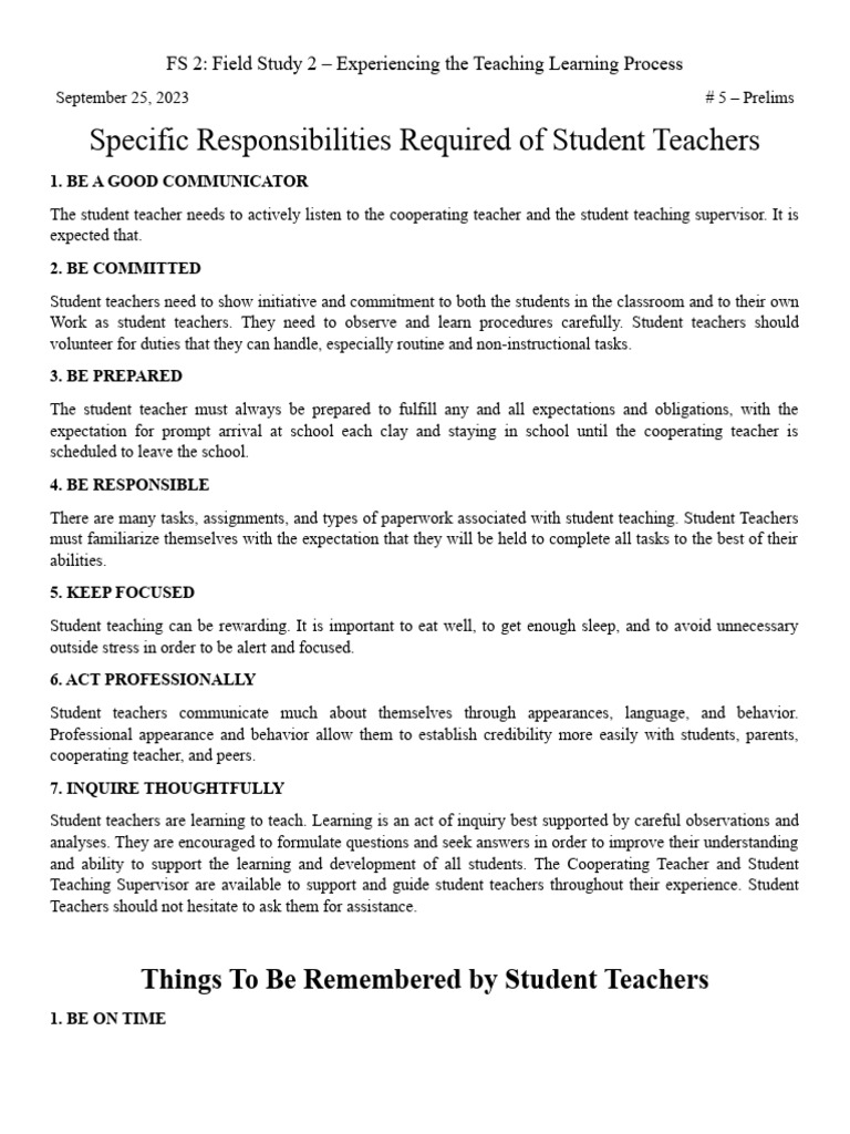 4 - Roles and Responsibilities of A Student Teacher | Download Free PDF ...