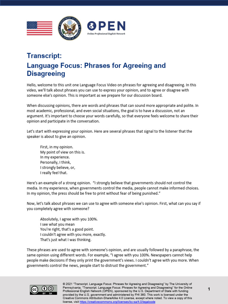 M1T8 - Language Focus - Phrases For Agreeing and Disagreeing | PDF ...