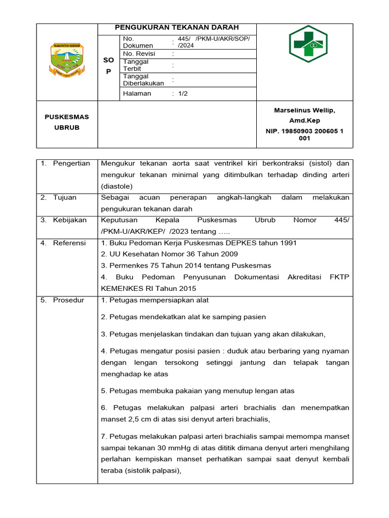 SOP Tekanan Darah | PDF