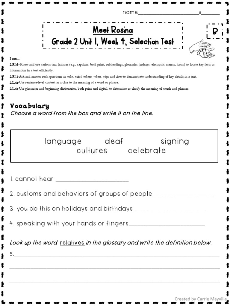 Meet Rosina Grade 2 Unit 1, Week 4, Selection Test B: Language Deaf ...