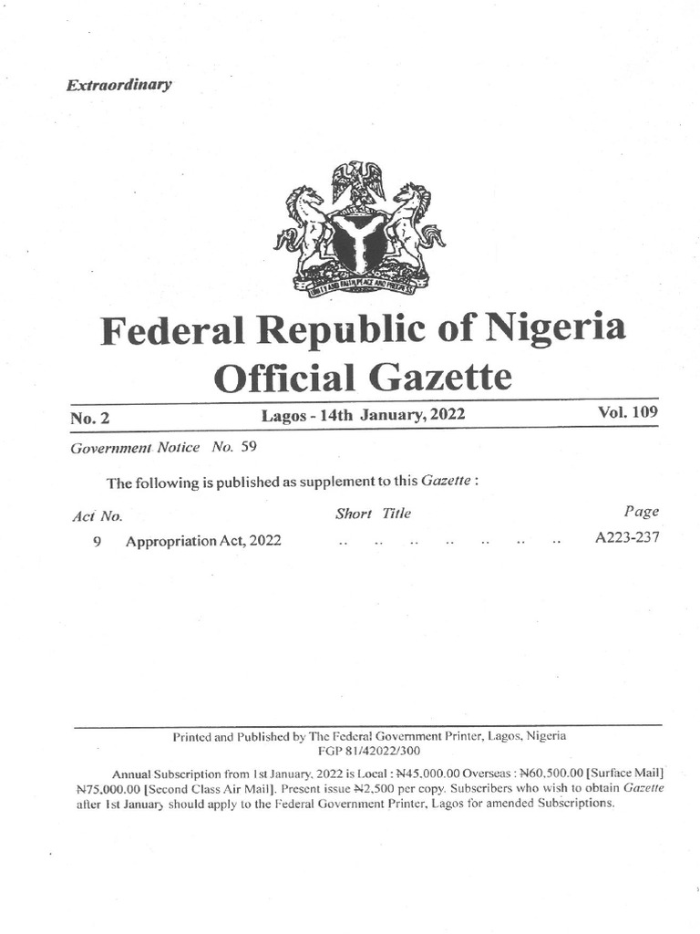 Act No. 9 - Appropriation Act, 2022 | PDF