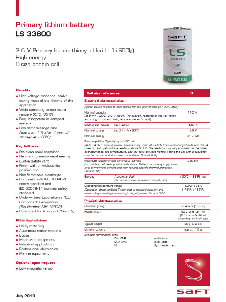 Saft LS33600 Battery Overview | PDF | Lithium Ion Battery | Electricity