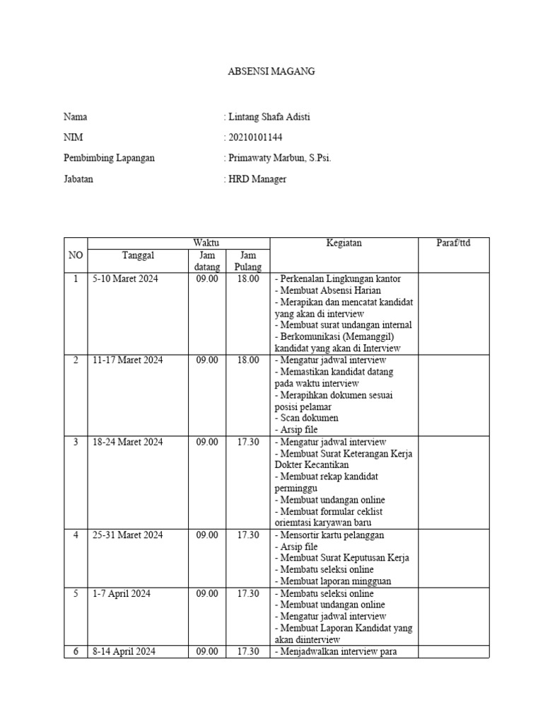 Absensi Magang Lintang Shafa | PDF