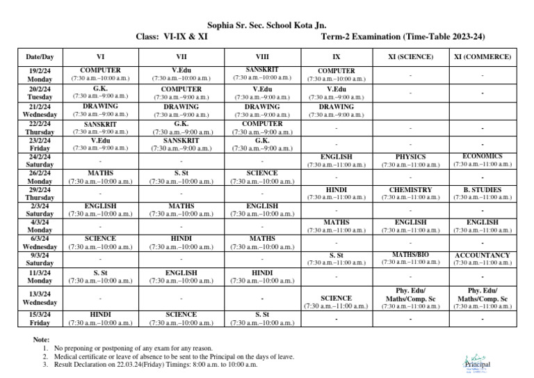Sophia Sr. Sec. School Kota Jn. Class: VI-IX & XI Term-2 Examination (Time-Table 2023-24) | PDF